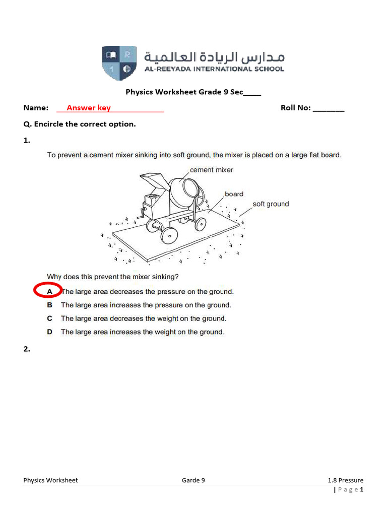 Grade 9 Physics Worksheet on Pressure | PDF