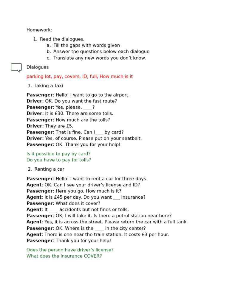 Taxi and Car Rental Dialogues Practice | PDF