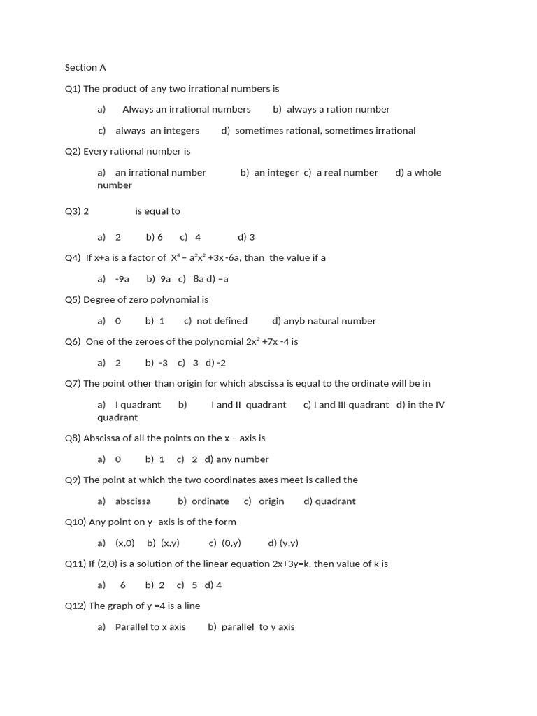 Math Quiz Questions and Answers | PDF | Cartesian Coordinate System ...