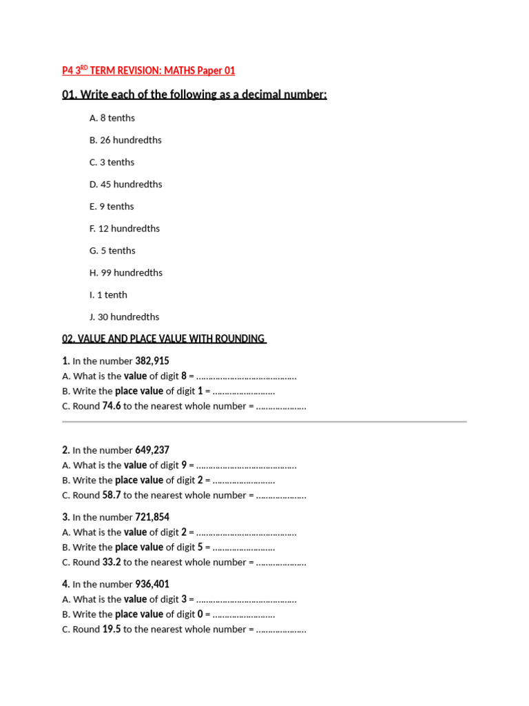 p4 Maths 3rd Term Revision Paper 1 | PDF | Vertex (Graph Theory)