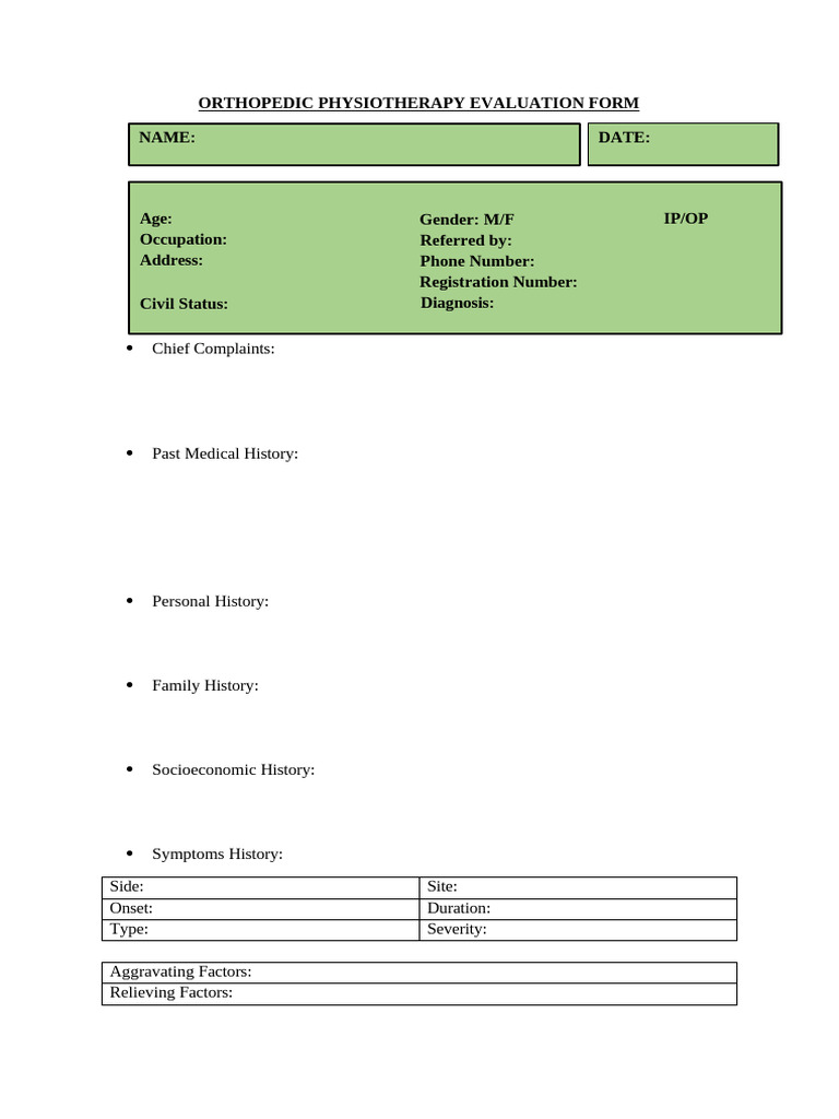Orthopedic Physiotherapy Evaluation Form | PDF | Anatomical Terms Of ...