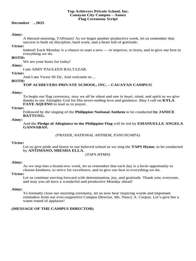 Flag Ceremony Script | PDF