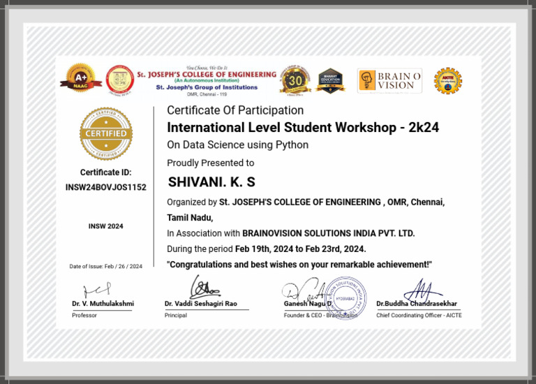 International Student Workshop 2024 on Data Science Using Python by Brainovision | PDF