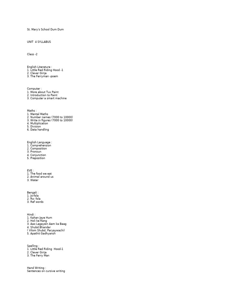 Class 2 Syllabus for St. Mary's School | PDF
