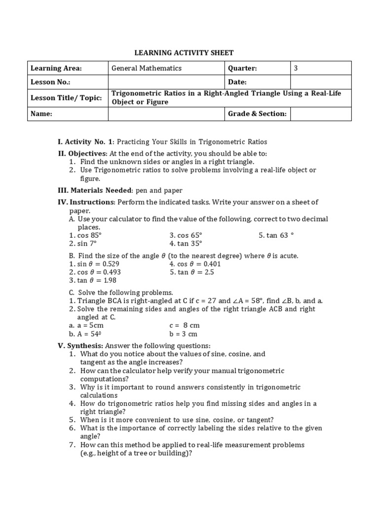 Learning Activity Sheet Right Angle Triangle | PDF | Trigonometric ...