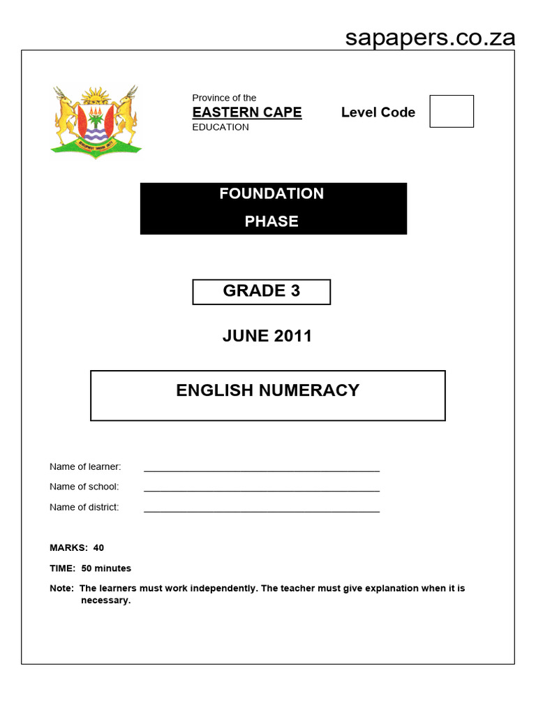 Gr 3 English Numeracy Qp | PDF