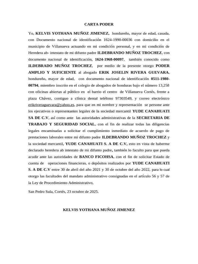 Carta Poder y Contrato Legal en Honduras | PDF | Honduras