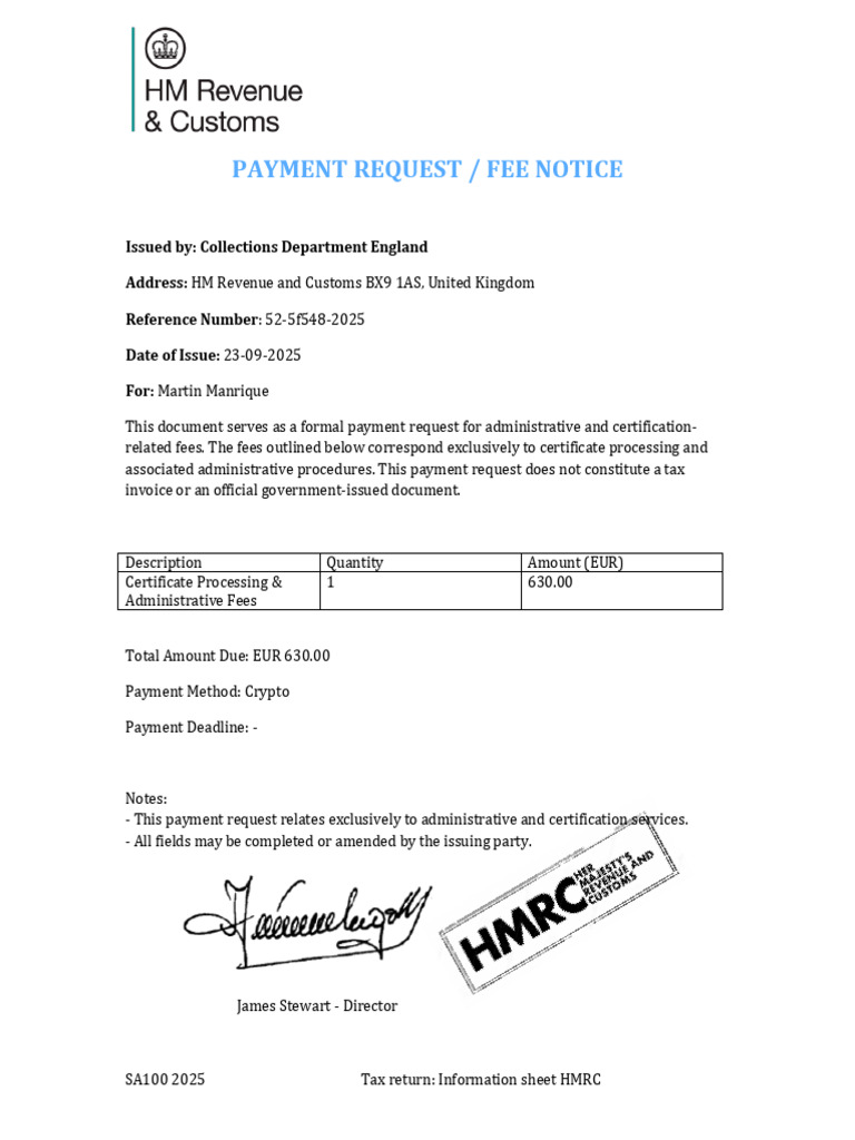 Payment Request Fee Notice Template | PDF