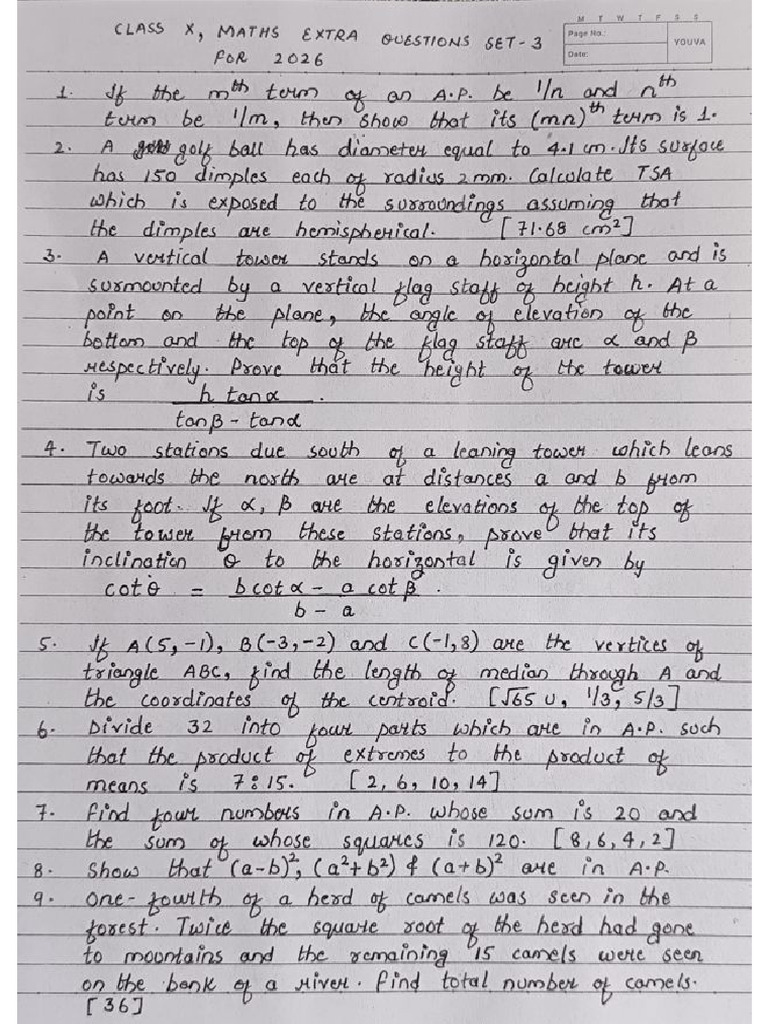 Class 10 Extra Questions Set 2 Answer Key | PDF