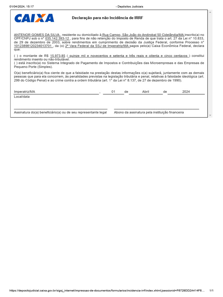 Isenção IRPF Antenor Gomes | PDF