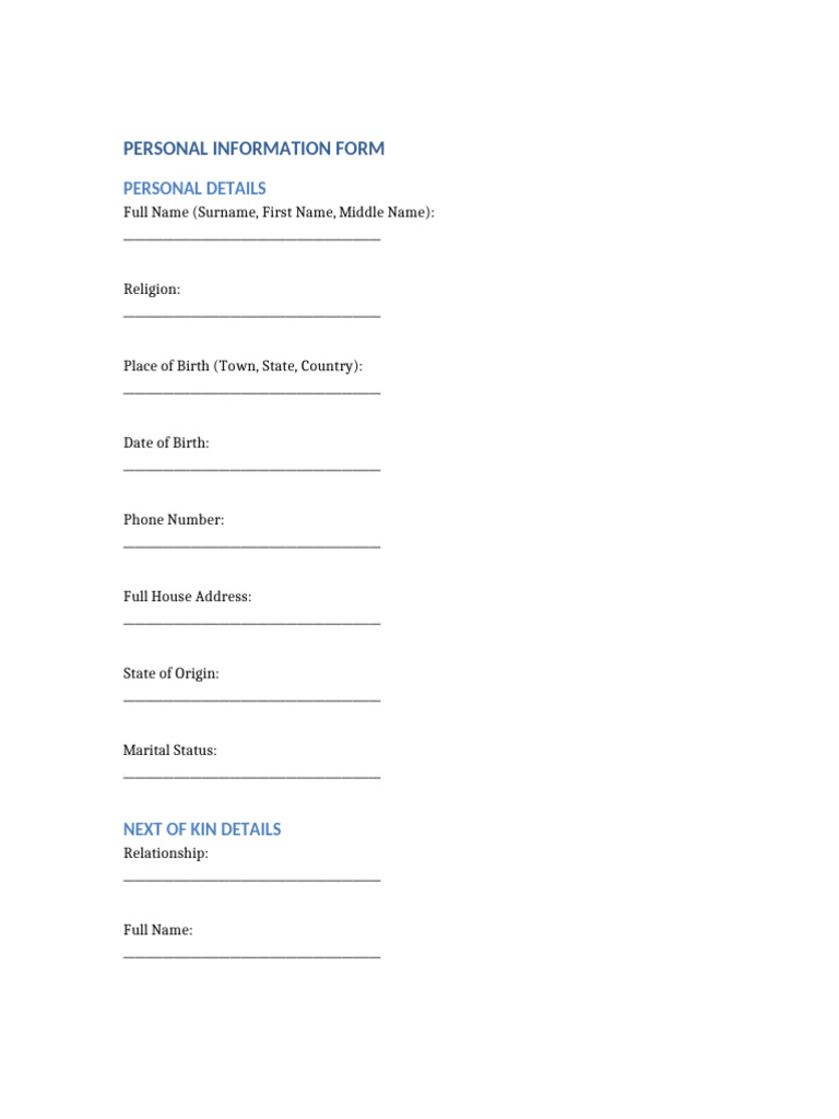 Personal Information Form Template | PDF