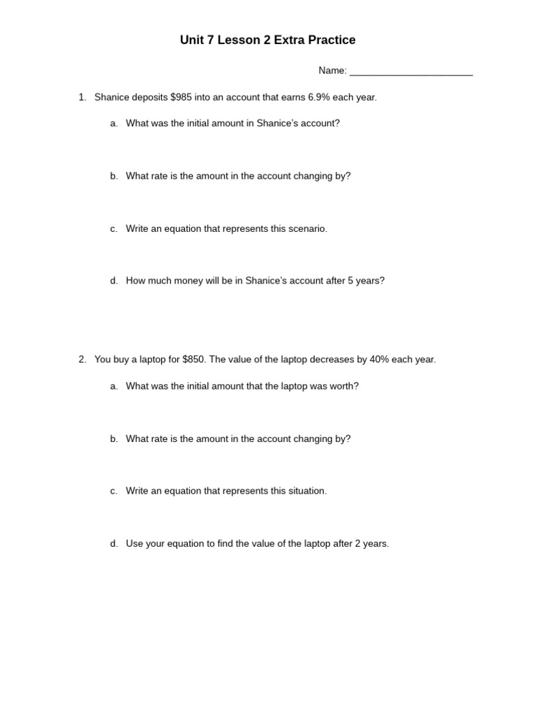 Unit 7 Lesson 2 Extra Practice Guide | PDF