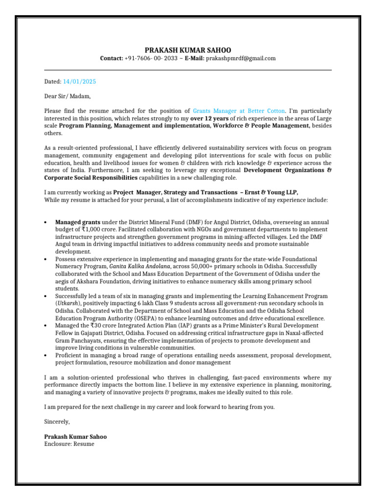 Cover Letter Prakash Odisha | PDF | Economies