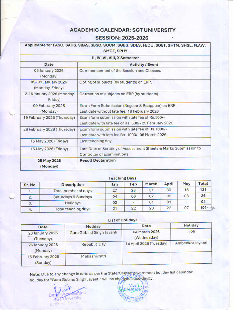 Revised Academic Calendar of Even Semesters for the Academic Session ...