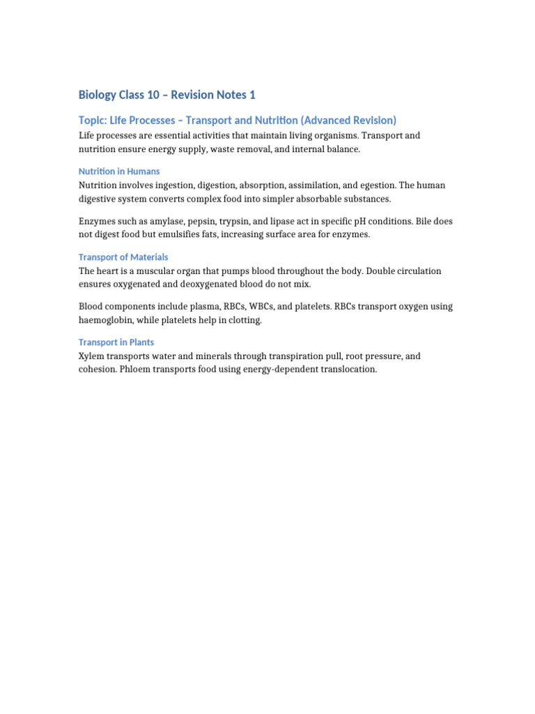 Class 10 Biology Revision Notes 1 | PDF