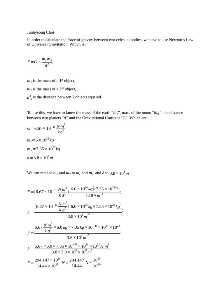 To Calculate the Force of Gravity Between Earth and Moon | PDF