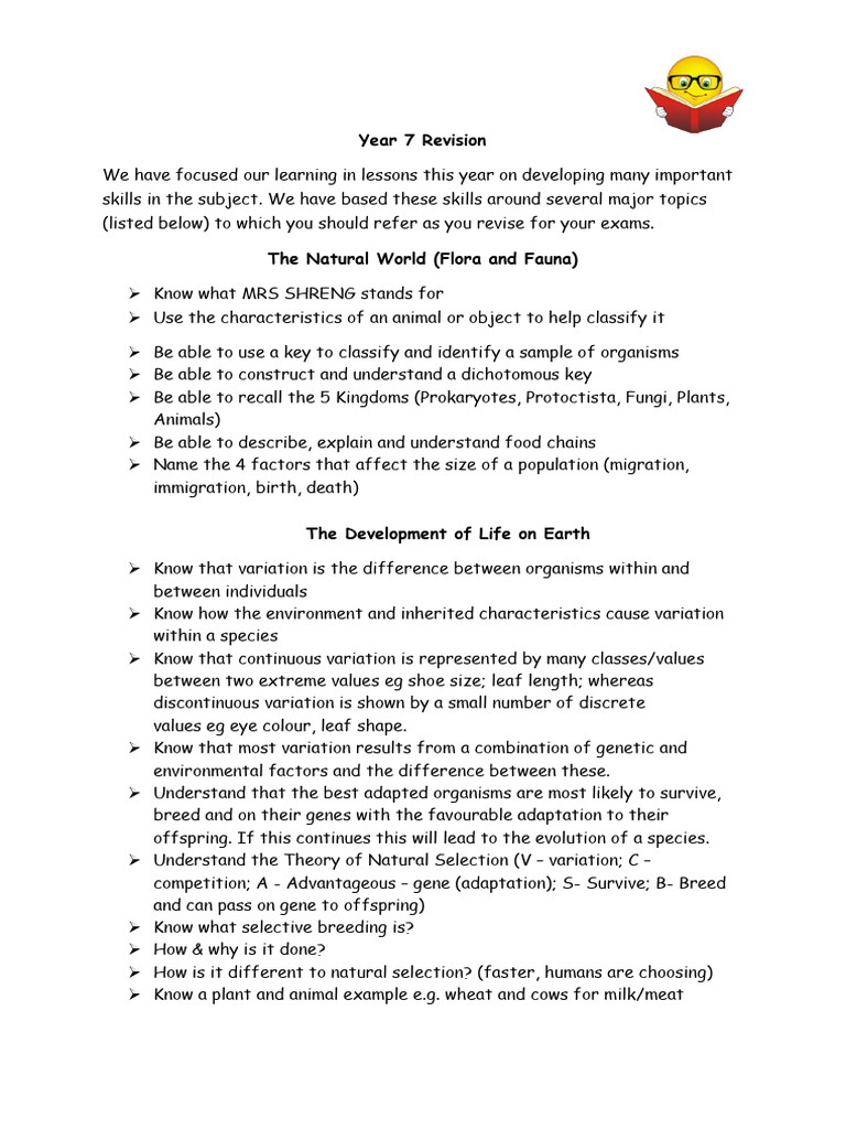 Year 7 Exam Revision | PDF | Skeleton | Gene