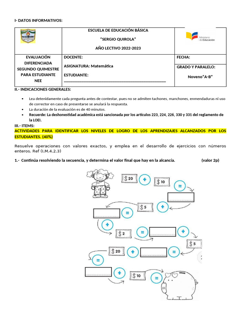 NEE 9vo matemática INSTRUMENTO DE EVALUACIÓN Y RUBRICA DE EVALUACIÒN ...