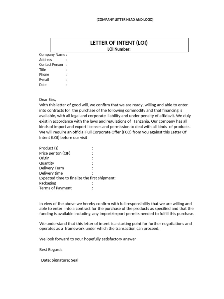 Letter of Intent for Commodity Purchase | PDF
