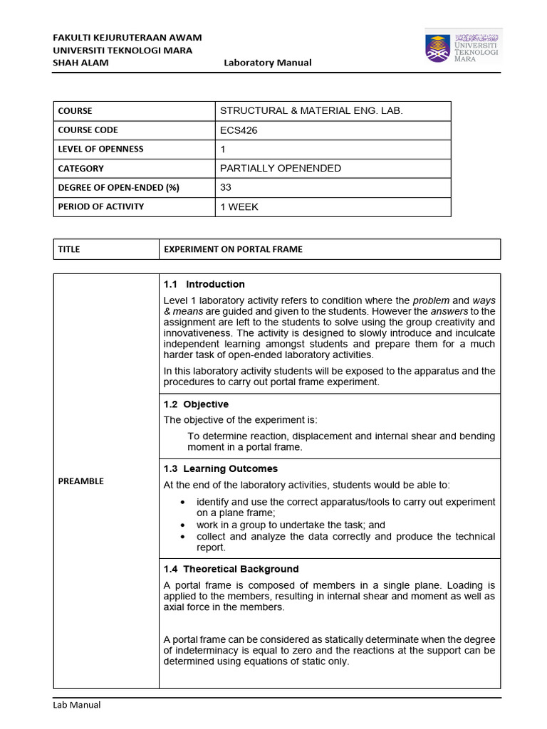 Portal Frame Experiment Lab Manual | PDF | Experiment
