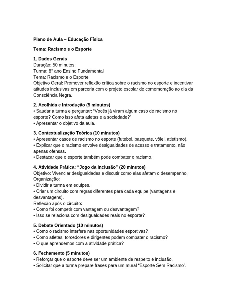 Plano de Aula Racismo Esporte | PDF