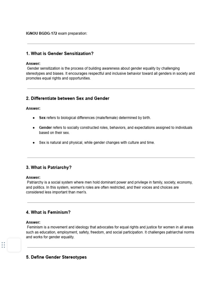 IGNOU BGDG-172 | PDF | Gender | Gender Studies