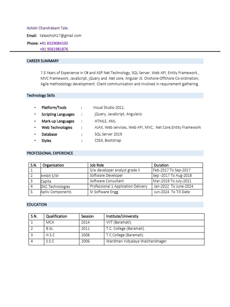 CV Ashish Tale 7.5yrs | PDF | Microsoft Sql Server | Angular Js