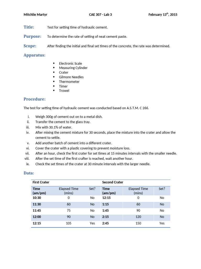 Hydraulic Cement Setting Time Test | PDF | Materials