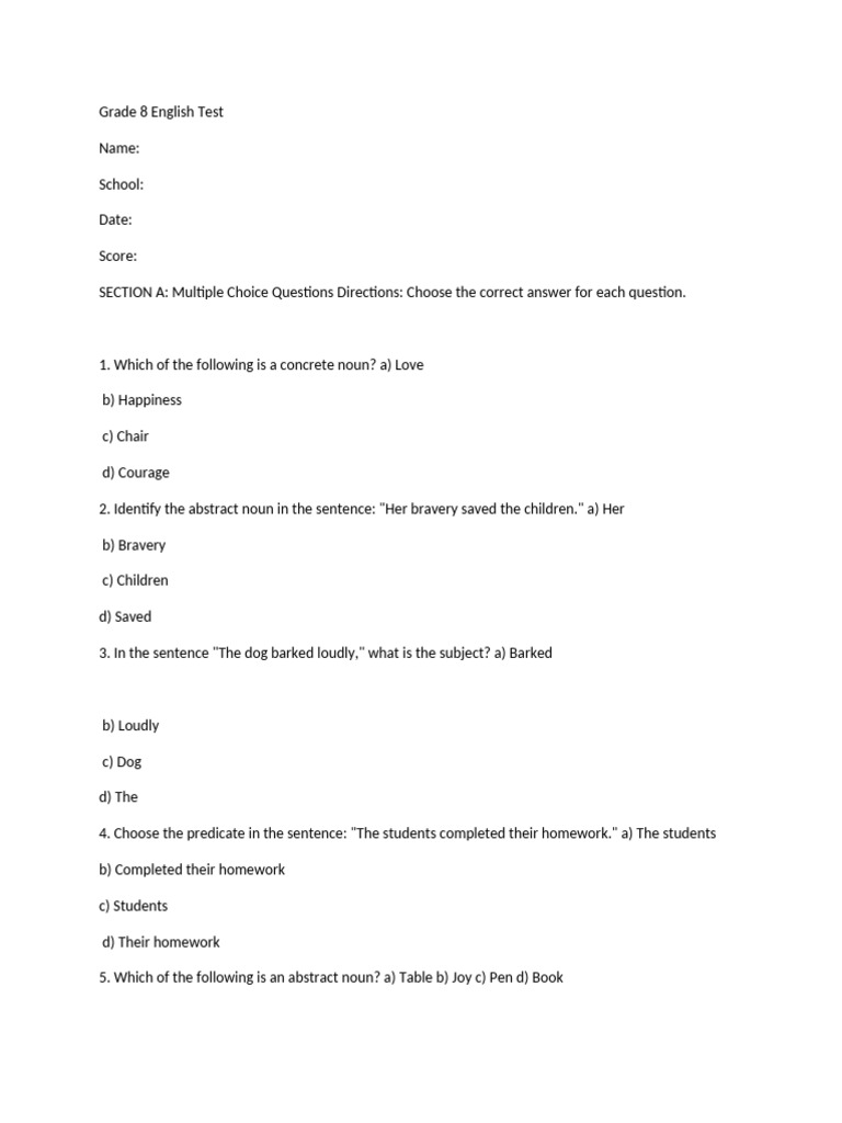 Grade 8 English Test Questions | PDF | Subject (Grammar) | Sentence ...
