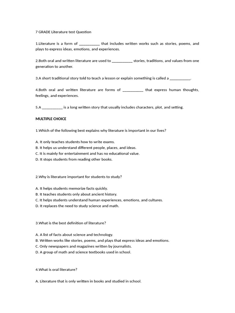 7th Grade Literature Test Questions | PDF