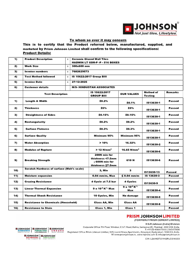 Ceramic Glazed Wall Tiles Certification | PDF | Materials