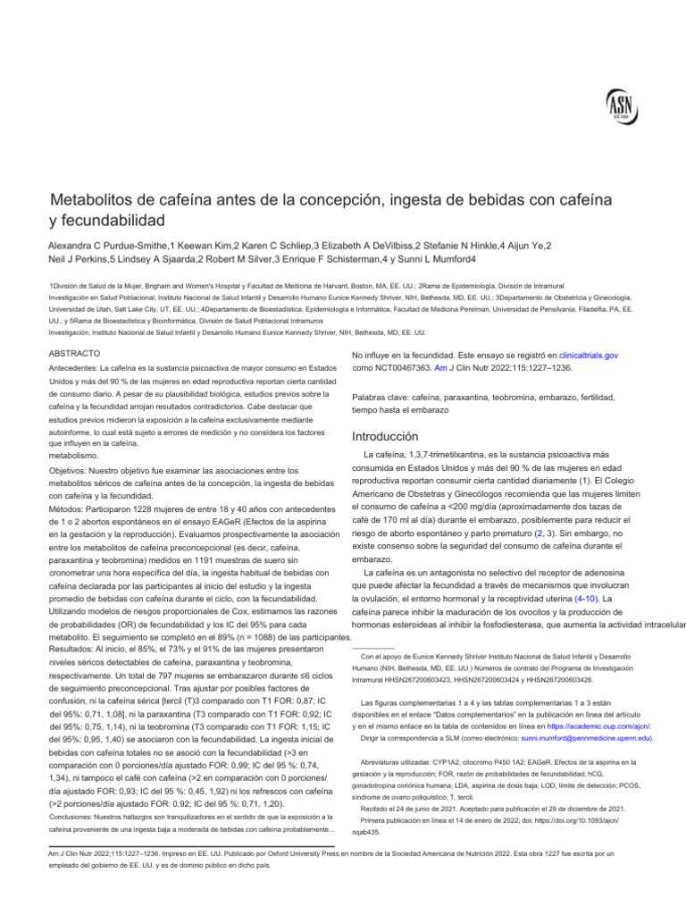 Preconception caffeine metabolites, caffeinated beverage intake, and ...