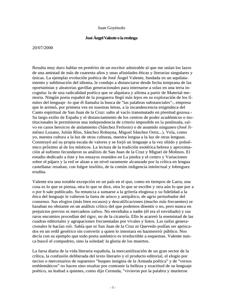 Juan Goytisolo José Ángel Valente o La Restinga 200700 | PDF