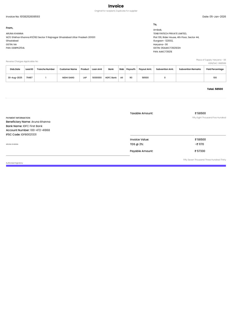 Invoice for Loan Payout - Aruna Khanna | PDF | Banking | Government ...