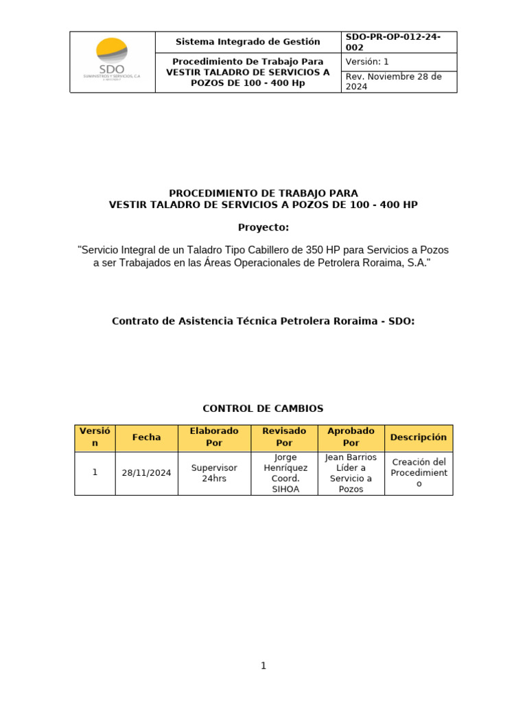 Sdo-pr-op-012!24!002 Vestir Taladro de Servicios a Pozos de 100 - 400 ...