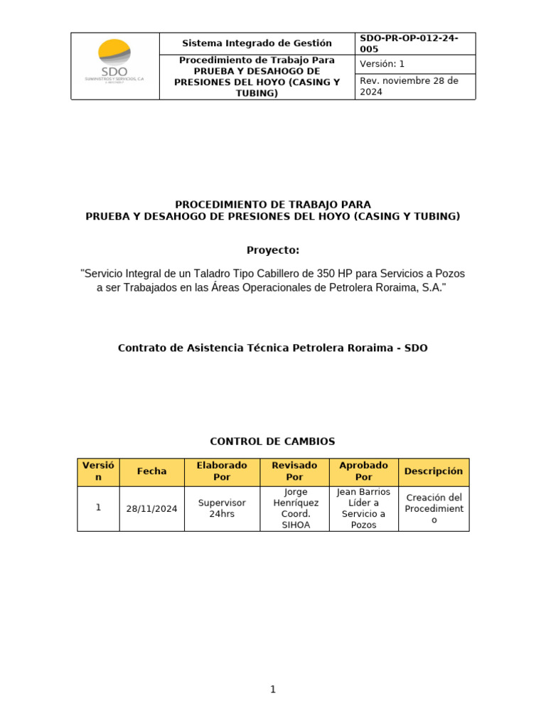 Sdo-pr-op-012!24!005 Prueba y Desahogo de Presiones Del Hoyo (Casing y ...