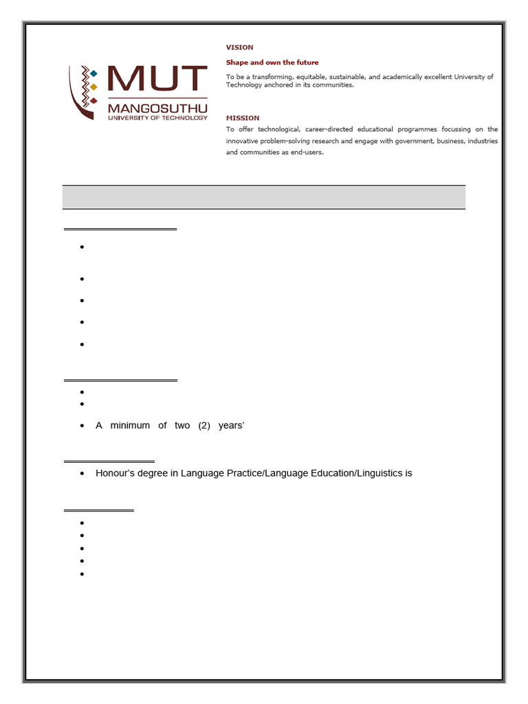 Language Specialist Position at MUT | PDF | Academic Degree | Language ...