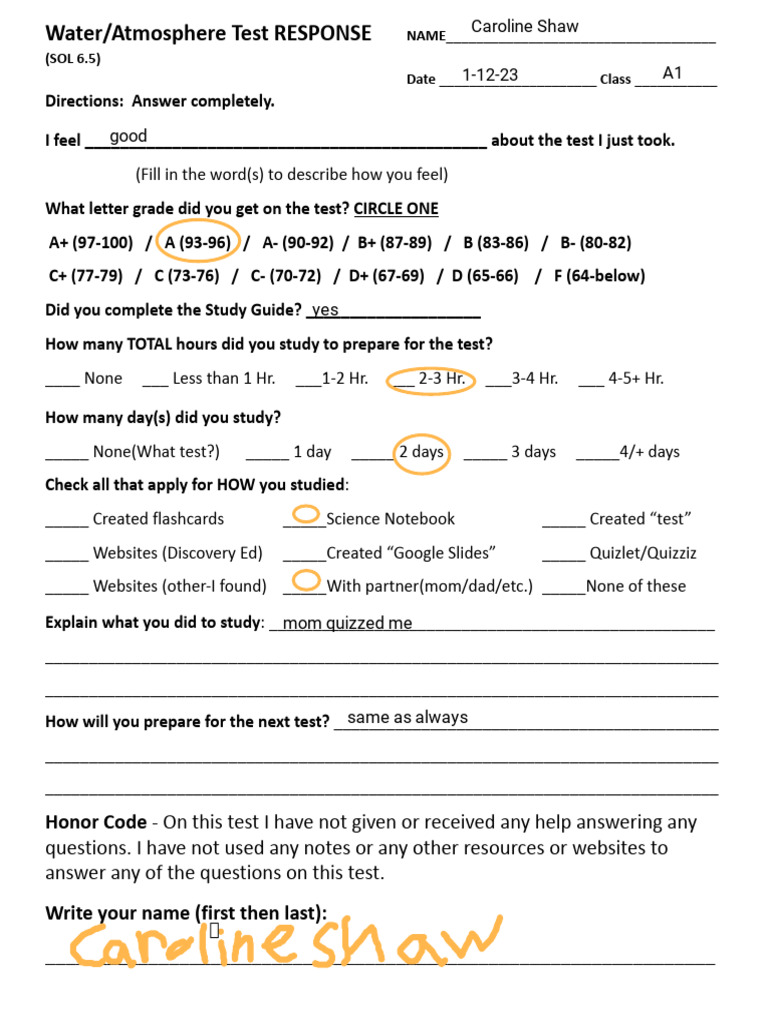 Water/Atmosphere Test Reflection Form | PDF
