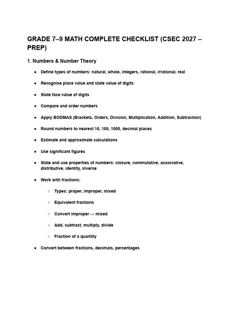 Grade 7-9 Math Checklist for CSEC 2027 | PDF | Numbers | Area