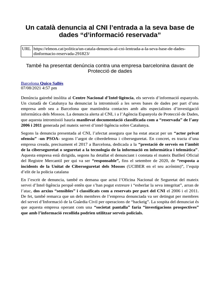 Elmon - Català Denuncia Al CNI Acces a Base de Dades Privada | PDF