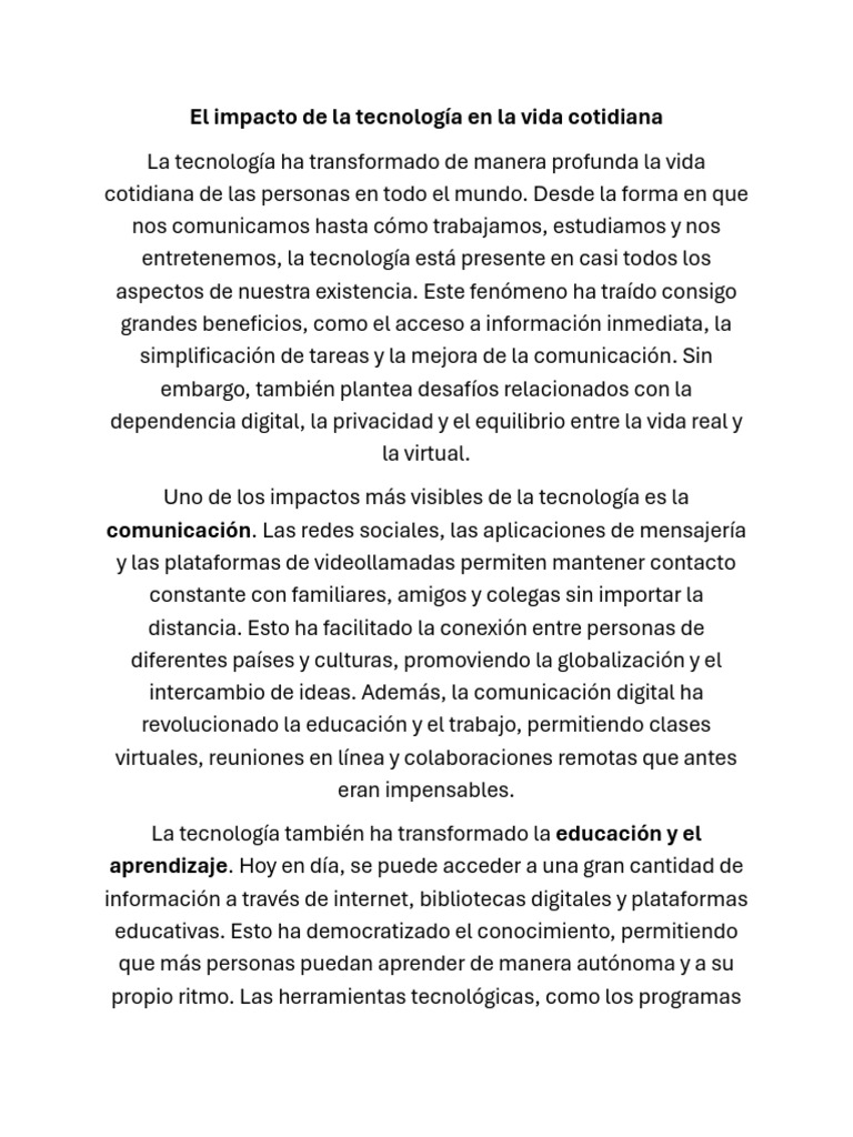 El impacto de la tecnología en la vida cotidiana | PDF | Aprendizaje ...