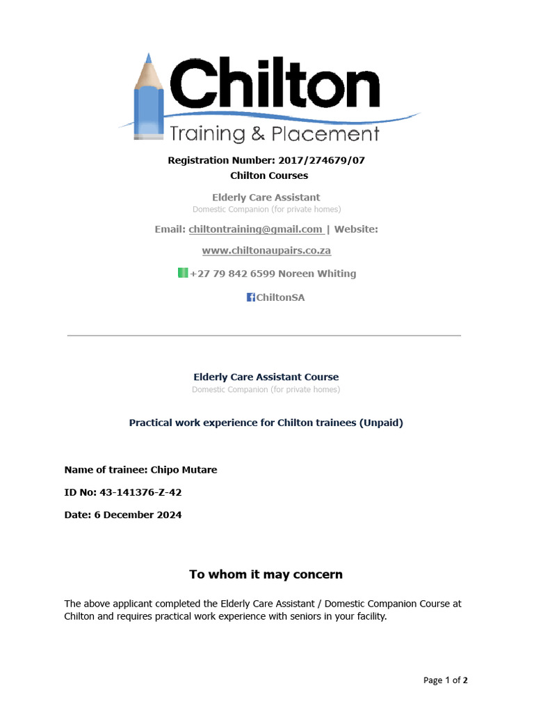 Elderly Care Work Experience Letter - Chipo Mutare | PDF