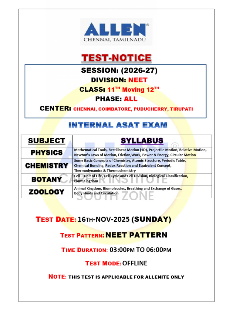 Tamilnadu Neet Internal Asat Test Notice Date - 16-11-26 | PDF