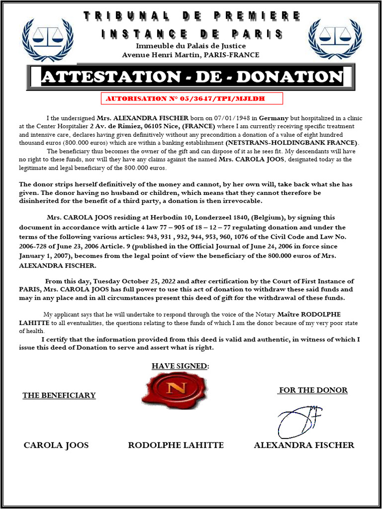 Attestation de Donation An | PDF | Civil Law (Common Law) | Justice