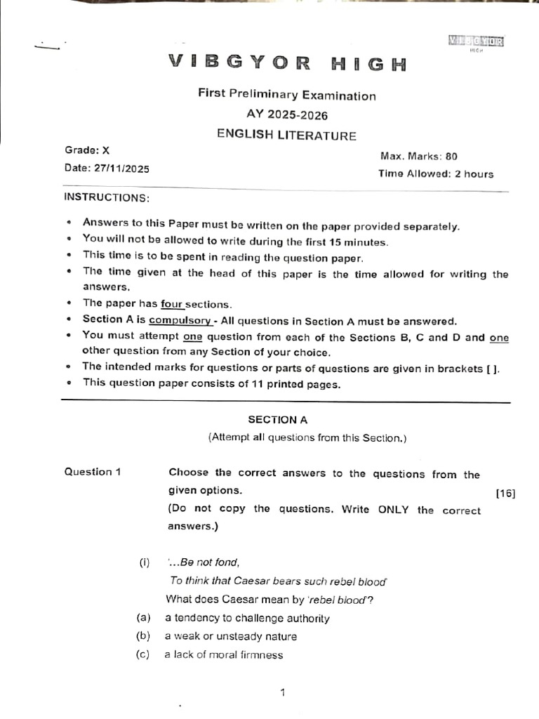 Vibgyor High Grade X Lit Prelim 1 2025 | PDF