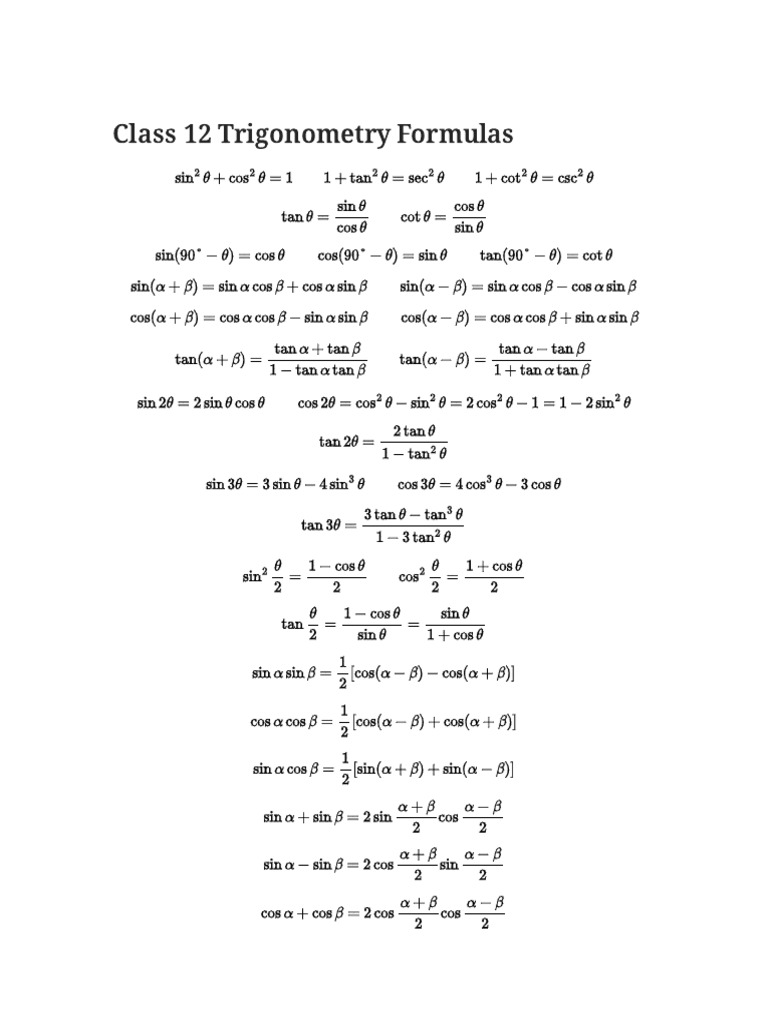 Class 12 Trigonometry Formulas | PDF