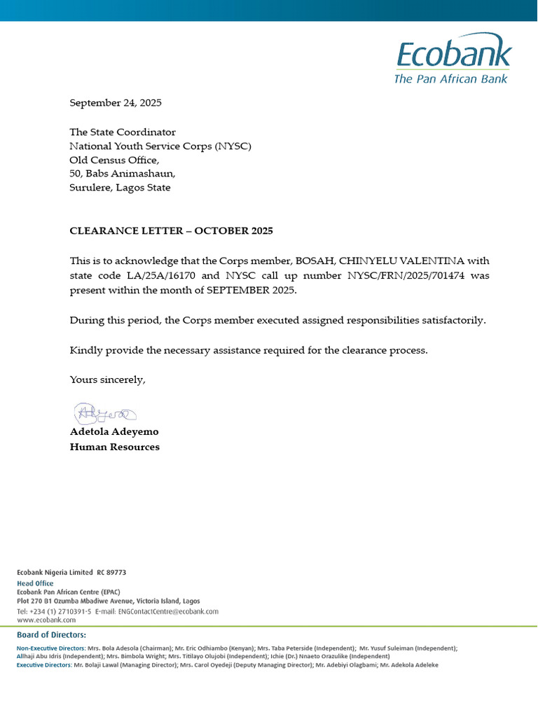 Clearance Letter For Sep | PDF