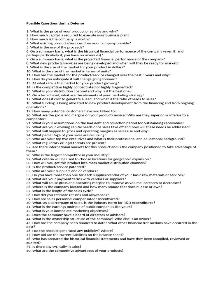Key Questions for Business Defense | PDF | Financial Economics ...