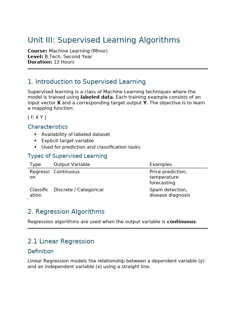 Notes Unit 3 ML - Supervised Learning Algorithms | PDF | Regression ...