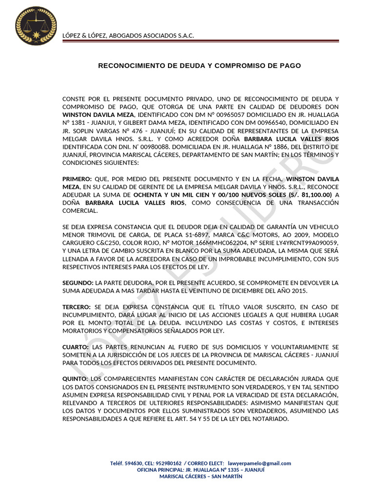 Reconocimiento de Deuda y Compromiso de Pago | PDF